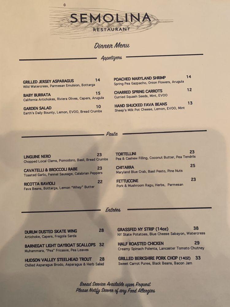 Menu at Semolina Restaurant, Red Bank