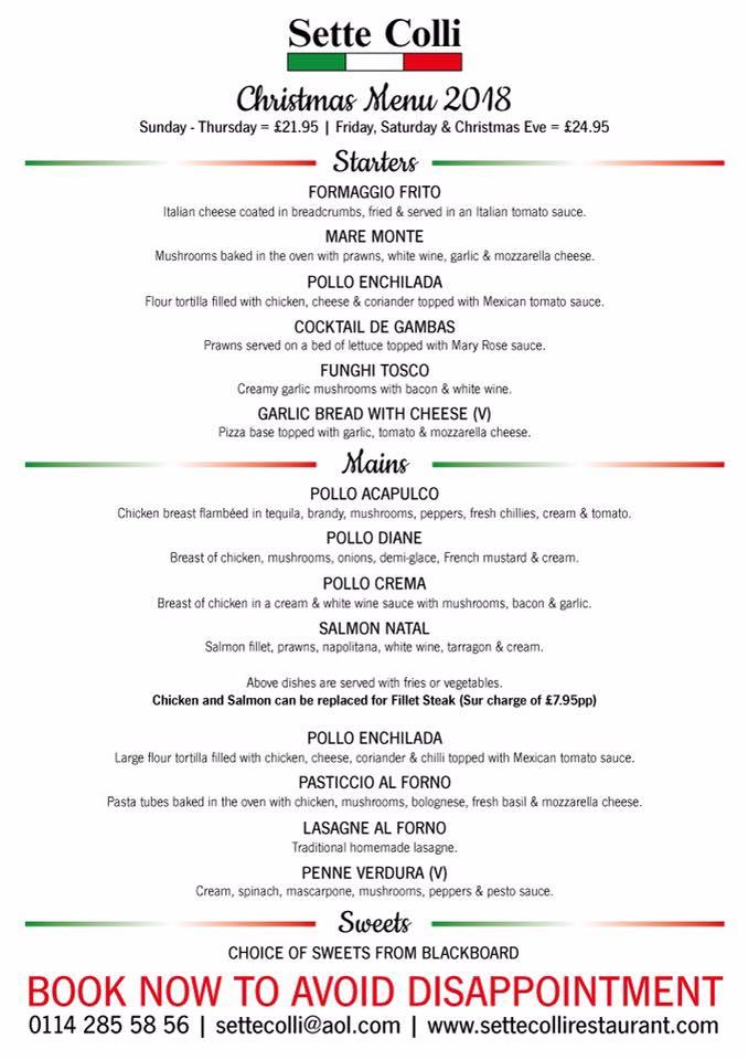 Menu at Sette Colli Restaurant, Sheffield