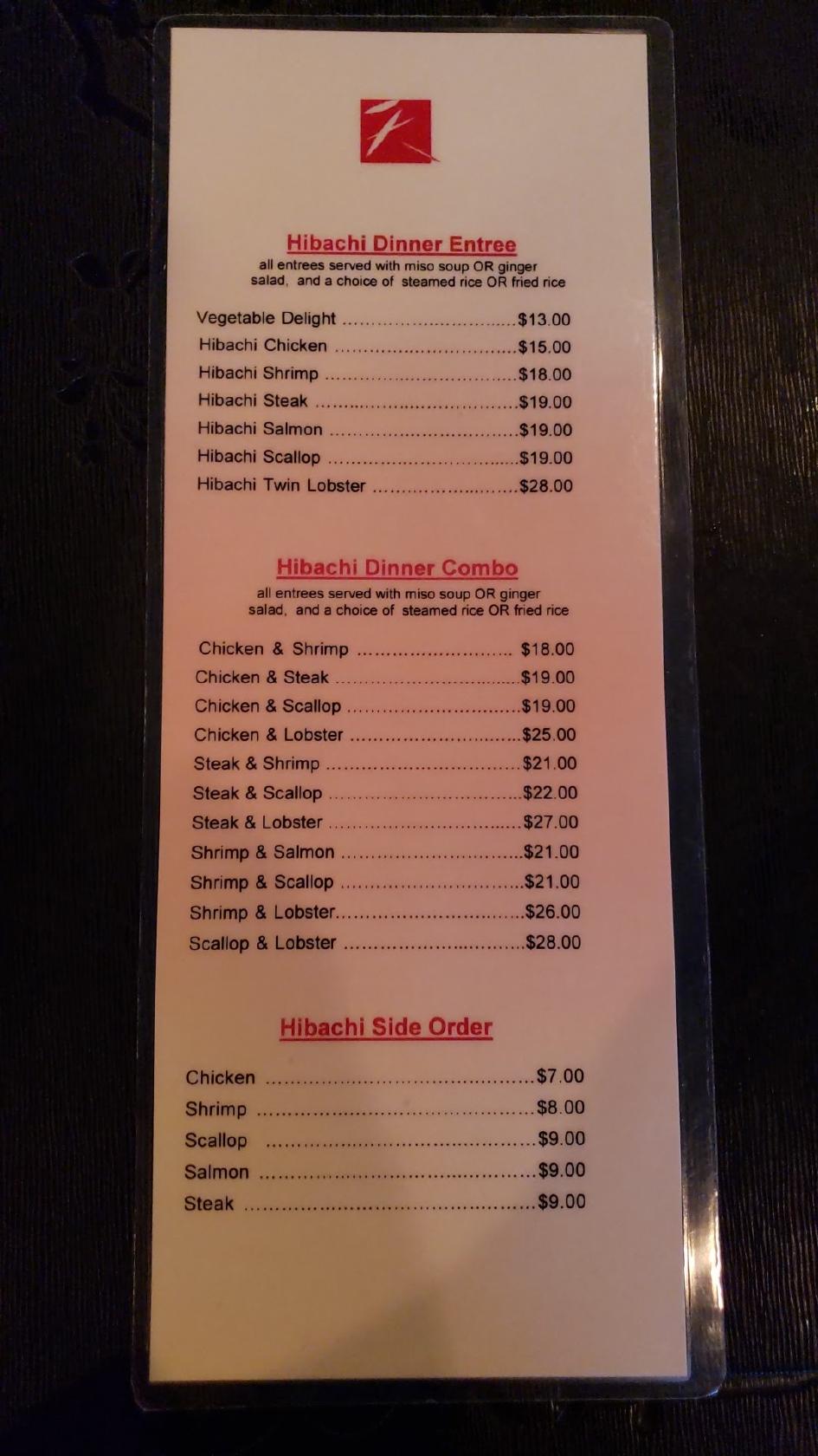 Menu at Sora Japanese Restaurant, Pisgah Forest