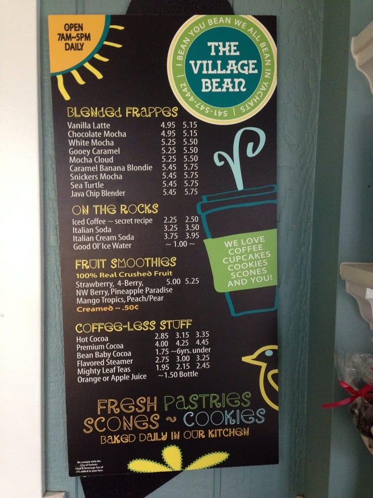 Menu at The Village Bean cafe, Yachats