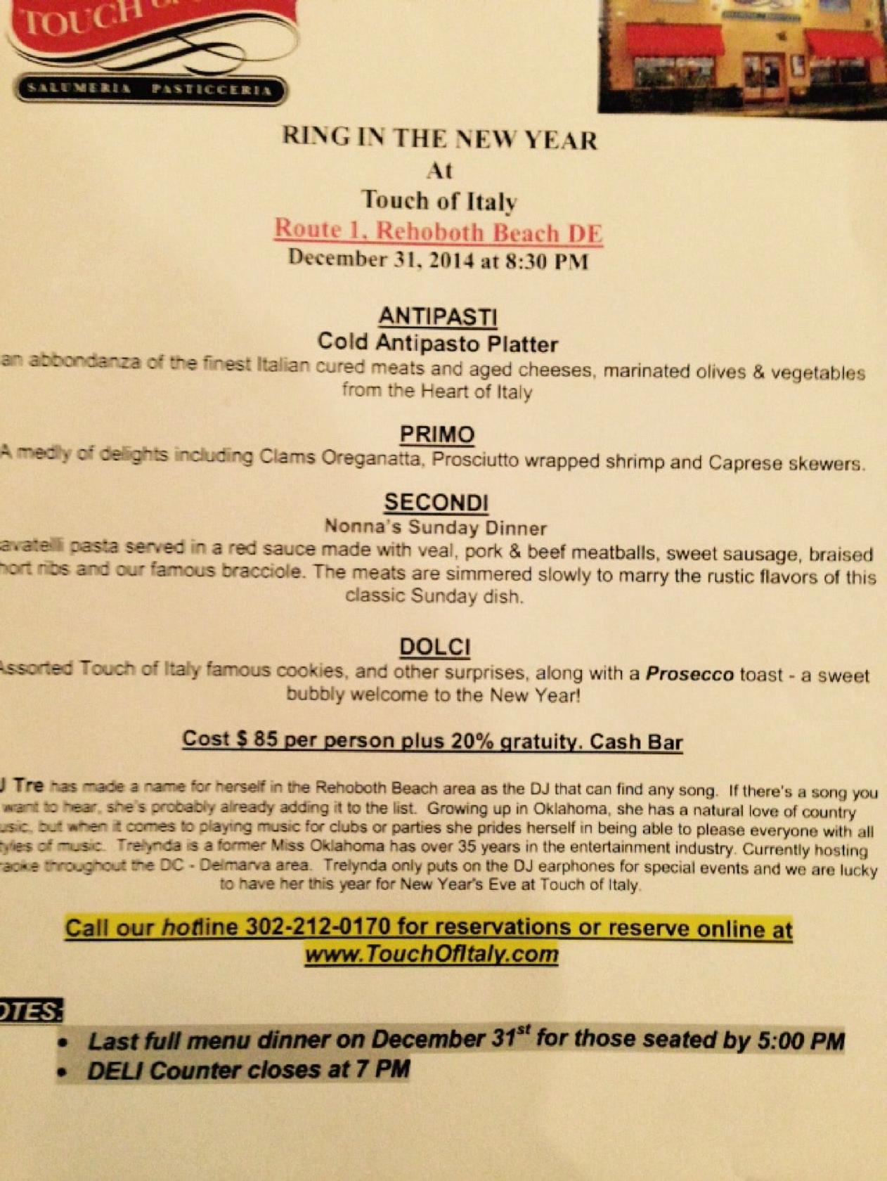 Menu at Touch of Italy pizzeria, Rehoboth Beach, Coastal Hwy
