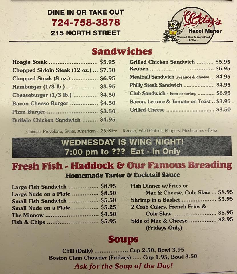 Menu at Weisz Hazel Manor pub & bar, Ellwood City