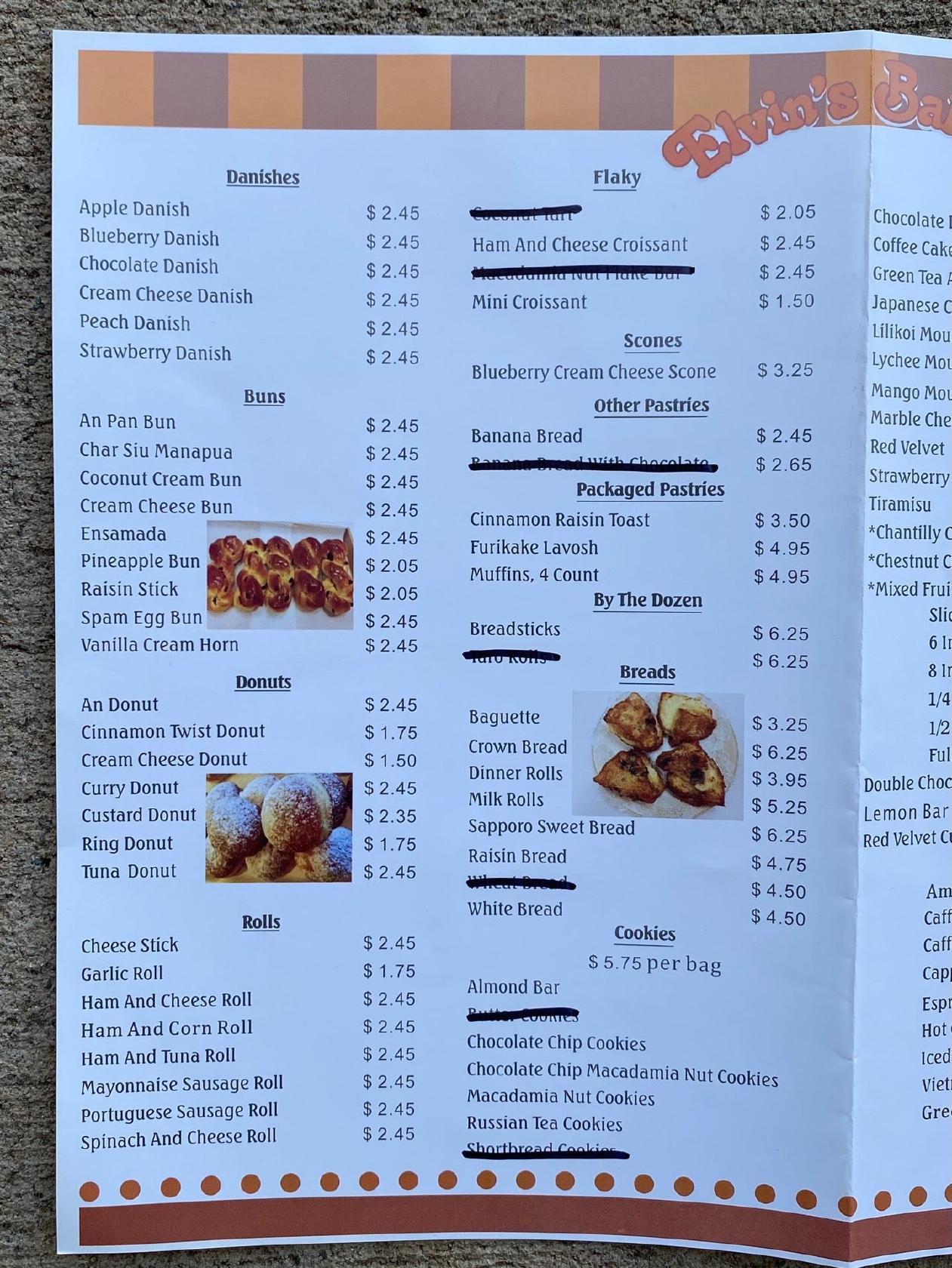 Menu at Elvin's Bakery, Honolulu