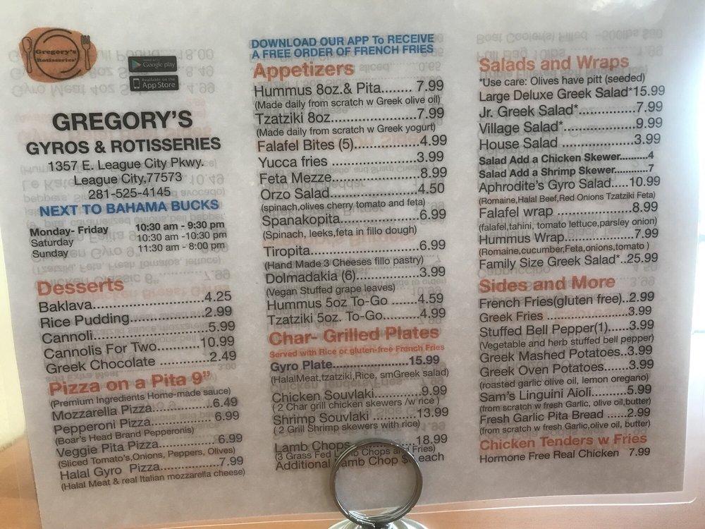 Carta del restaurante Gregory's Gyro & Rotisserie, League City, E ...