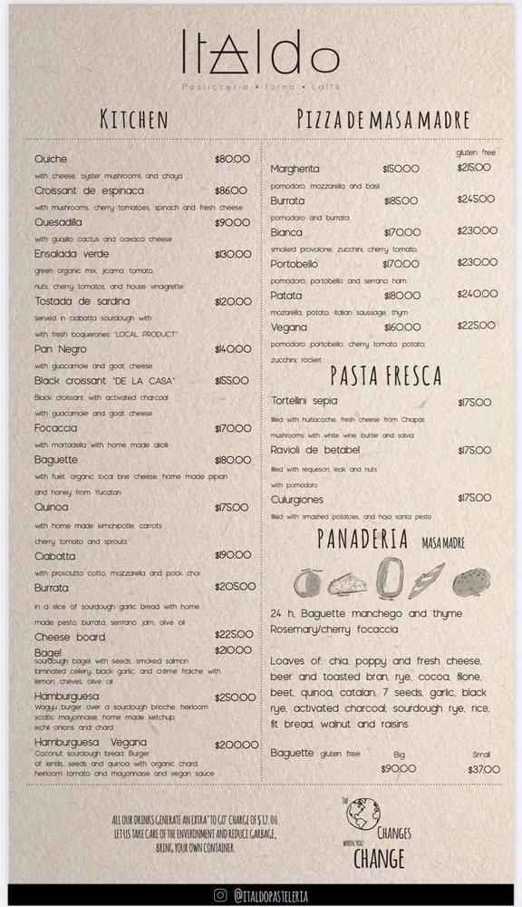 Menu at Italdo cafe, Tulum, AV. 5 Sur Manzana 892 Lote 6