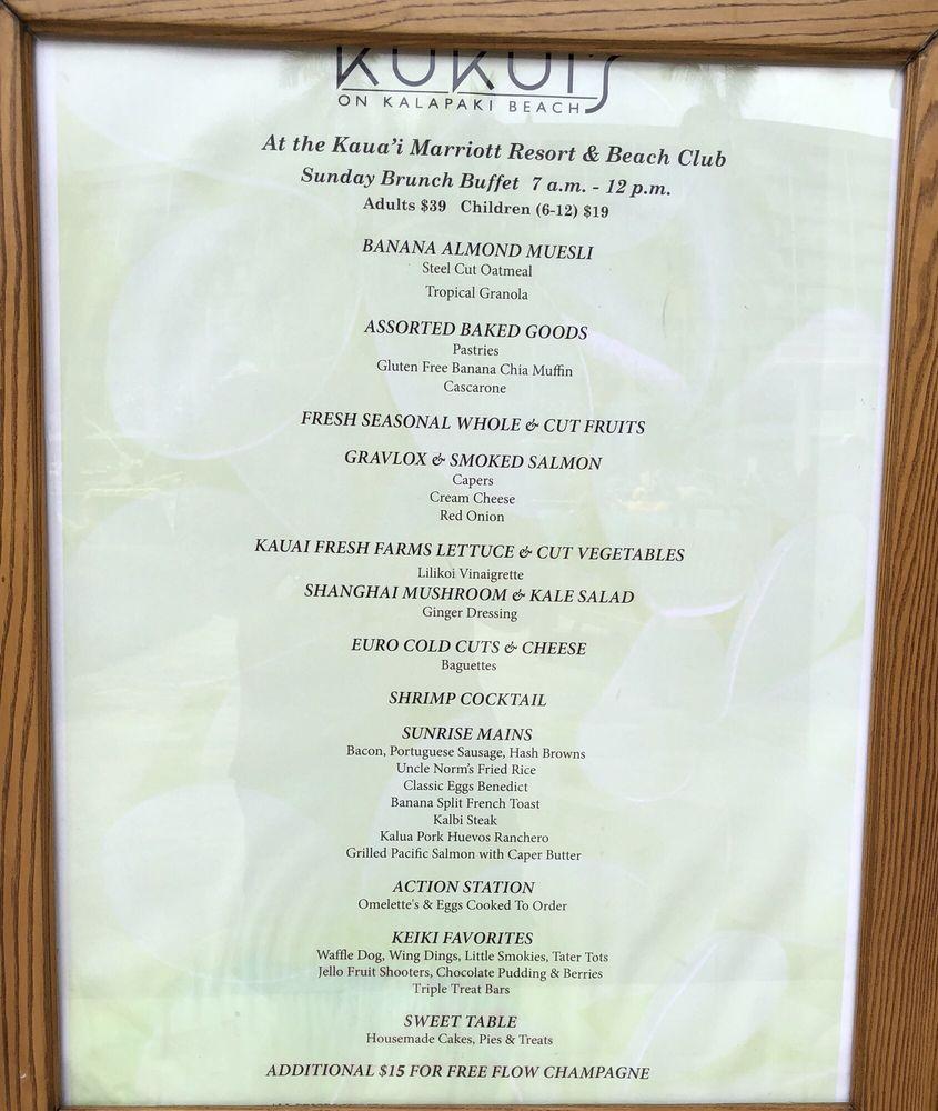 Menu at Kukui's on Kalapaki Beach restaurant, Lihue
