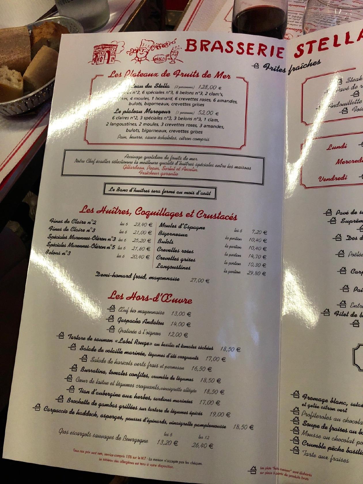 Menu at Le Stella restaurant, Paris, 133 Av. Victor Hugo