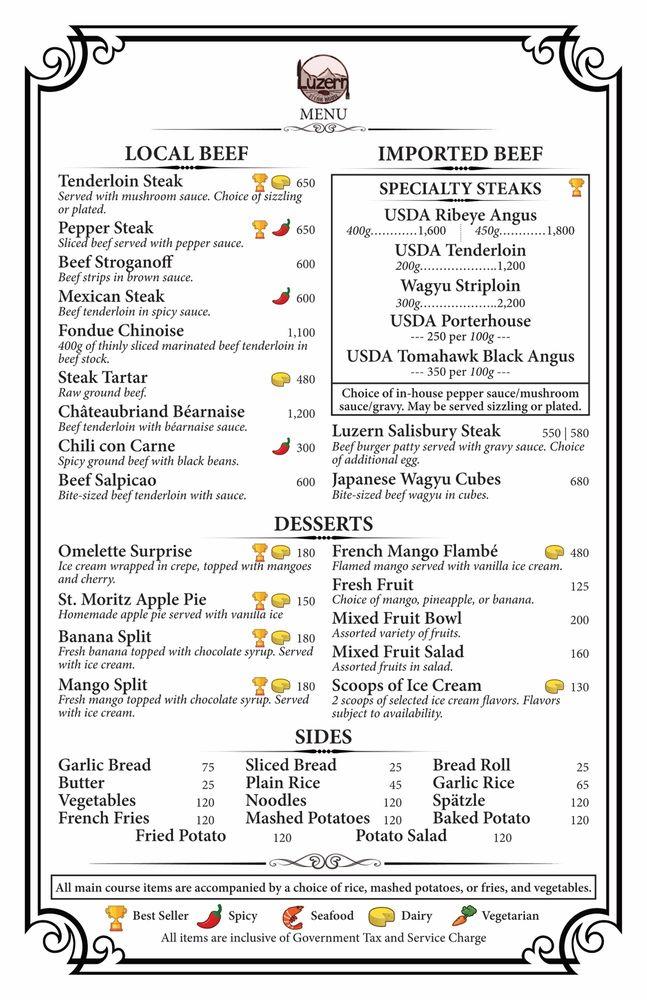 Menu at Luzern Steakhouse, Cebu City