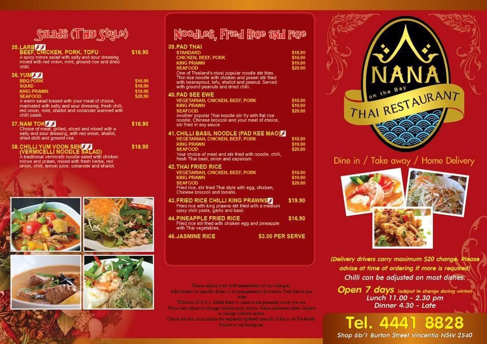 Menu at Nana on the bay Thai Restaurant, Vincentia