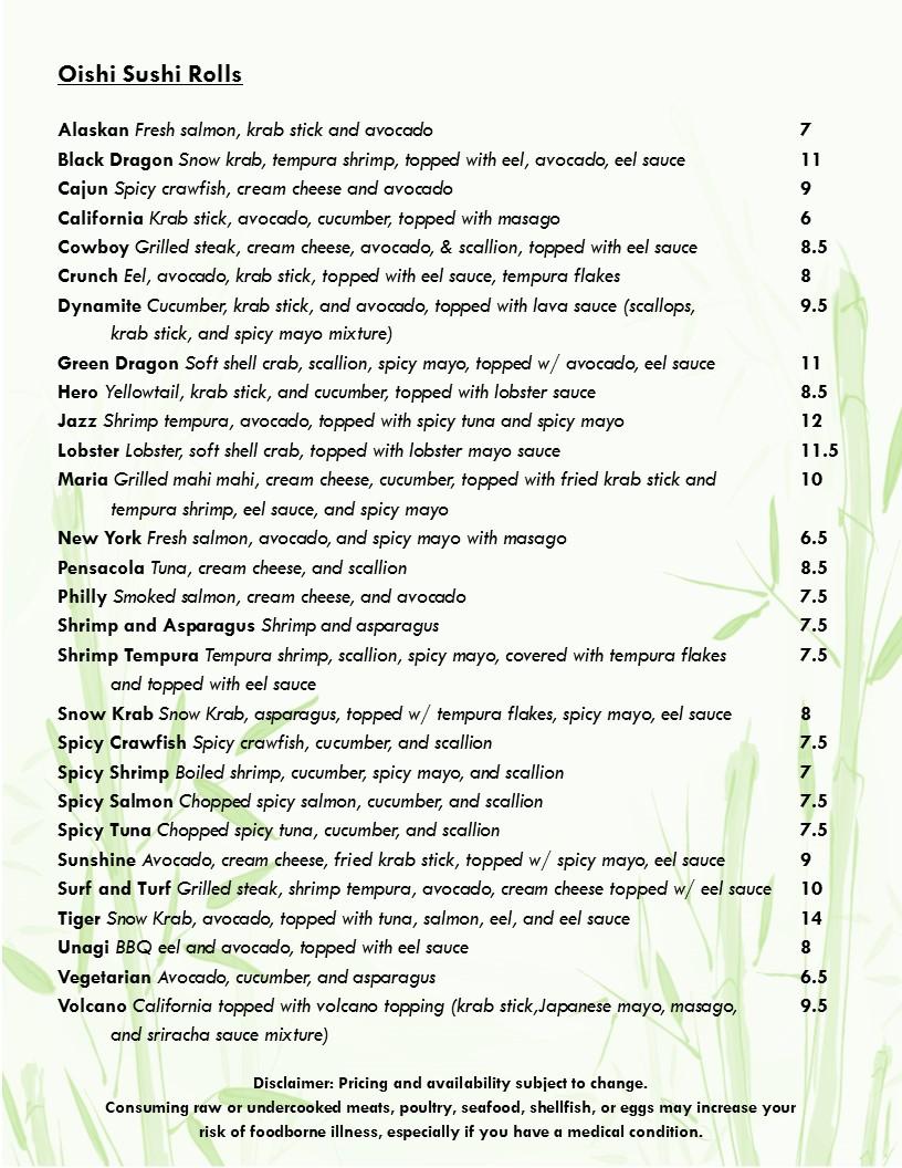 Menu at Oishi Japanese Sushi Bar and Grill, Spanish Fort