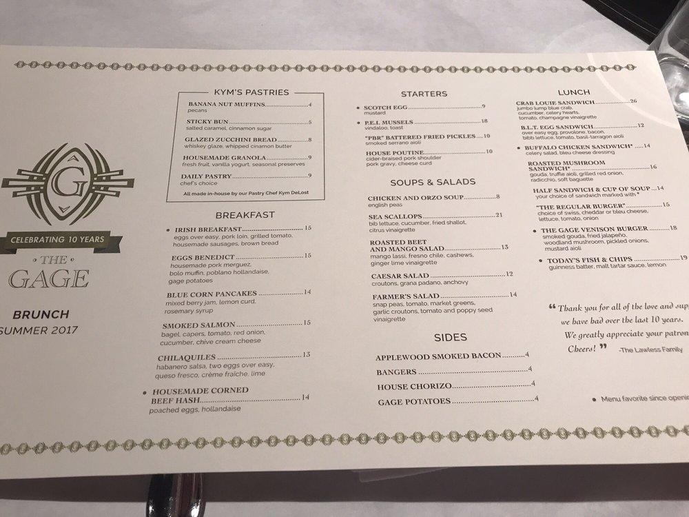 Menu at The Gage pub & bar, Chicago