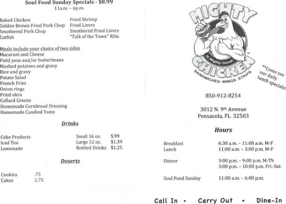 Menu at The Mighty Chicken, Pensacola