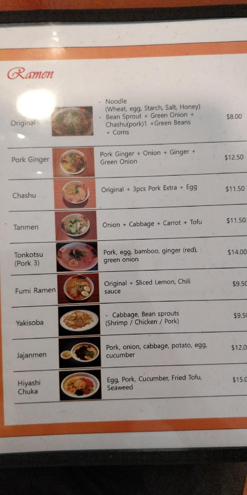 Menu at Tokyo ramen restaurant, Fredericton
