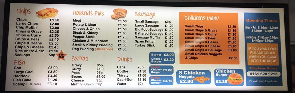 Menu at Watersheddings Chippy 1 (oldham branch) restaurant, Oldham