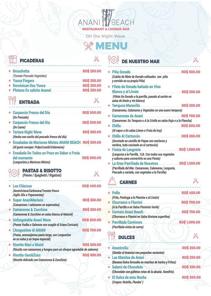 Menu at Anani Beach Club, Dominicus