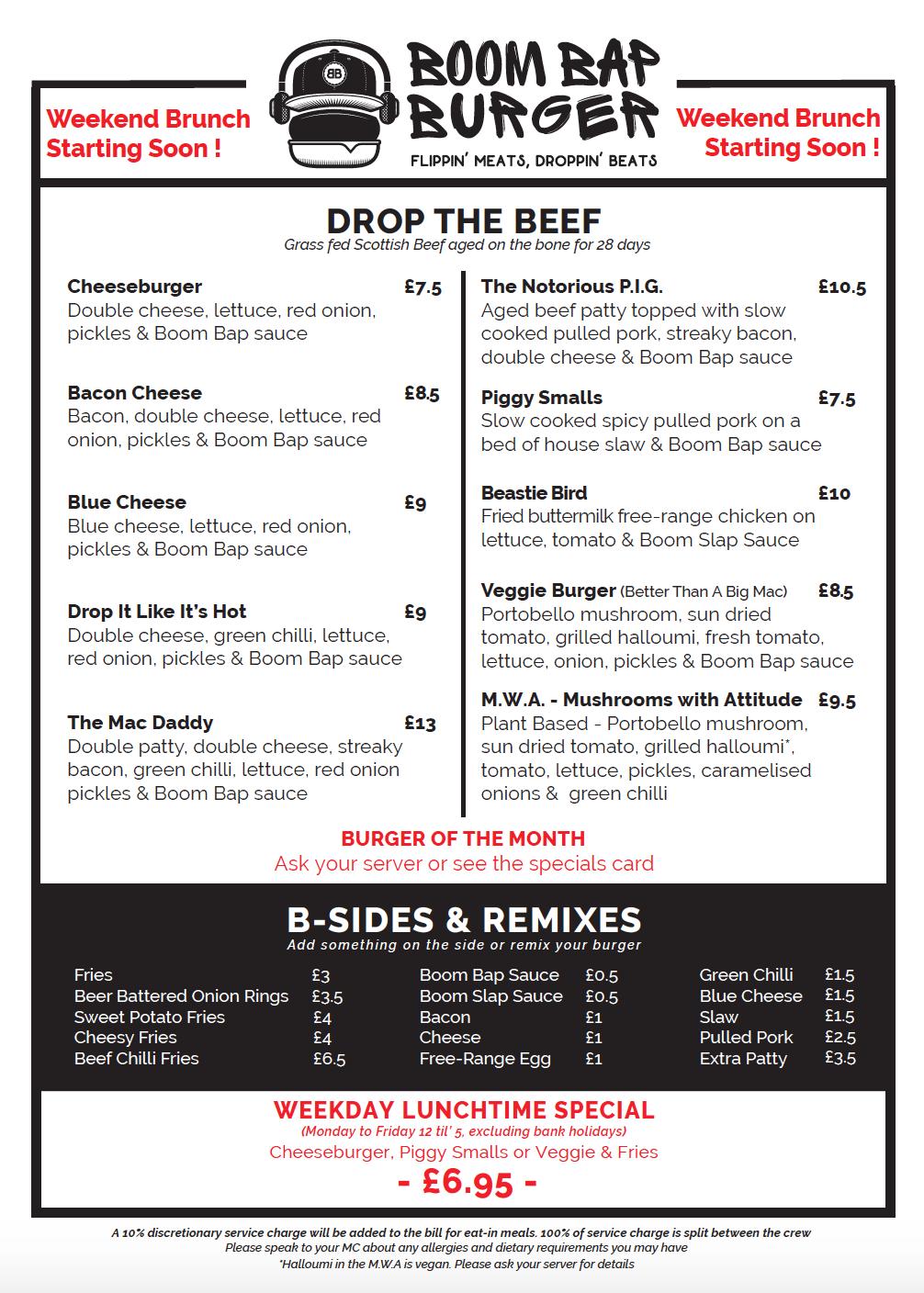 Menu at Boom Bap Burger restaurant, London, 252 Paradise Row