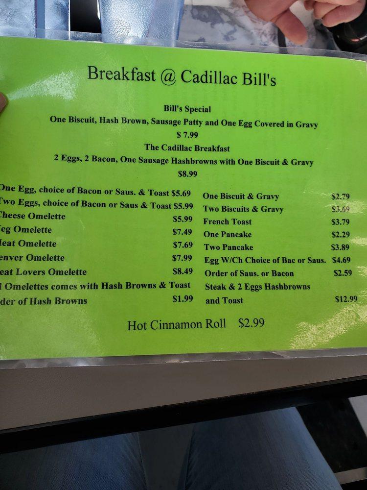 Menu at Cadillac Bill's restaurant, Elsberry