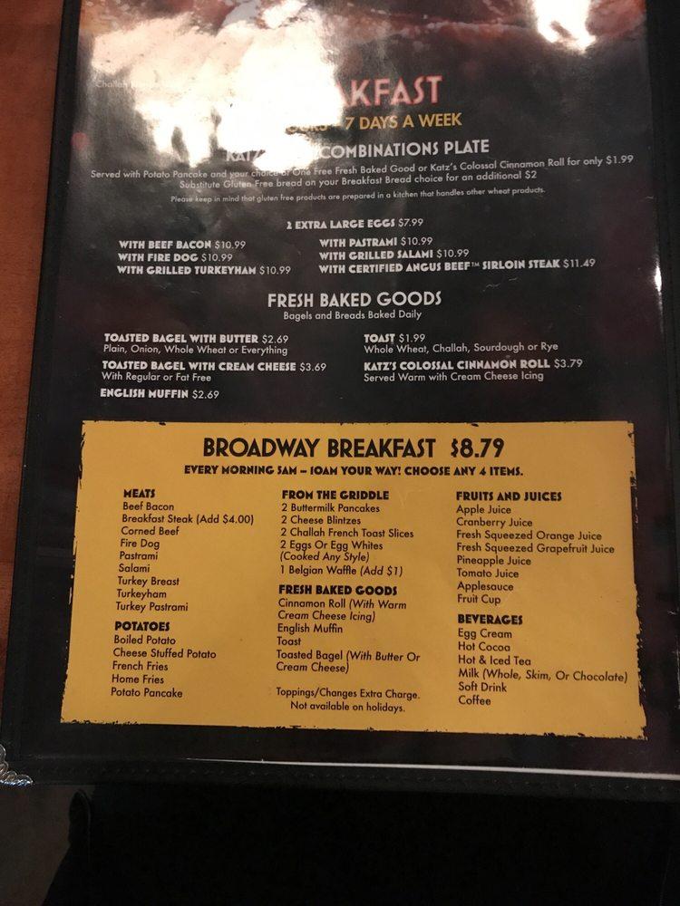 Menu at Katz's restaurant, Houston, 616 Westheimer Rd
