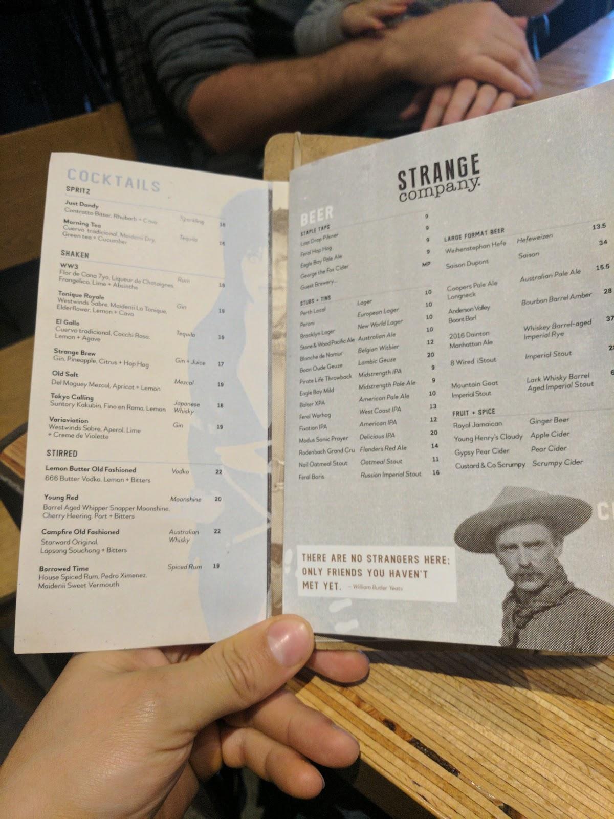 Menu at Strange Company pub & bar, Fremantle