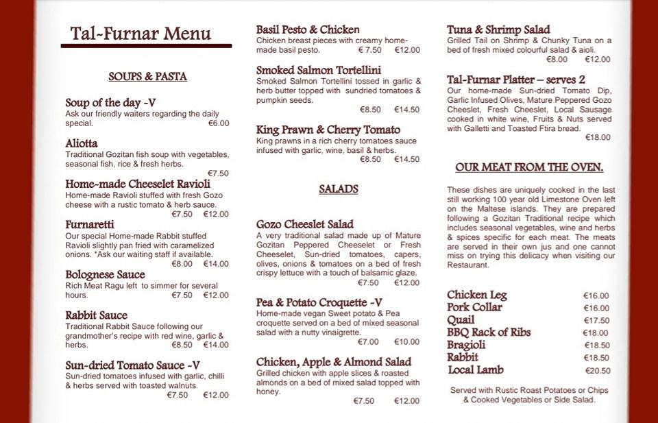 Menu at Tal-Furnar Restaurant, Xagħra