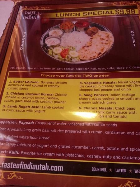 Menu at Taste of India Grill restaurant, Bountiful