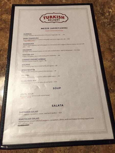Menu at Turkish Delight restaurant, Anchorage