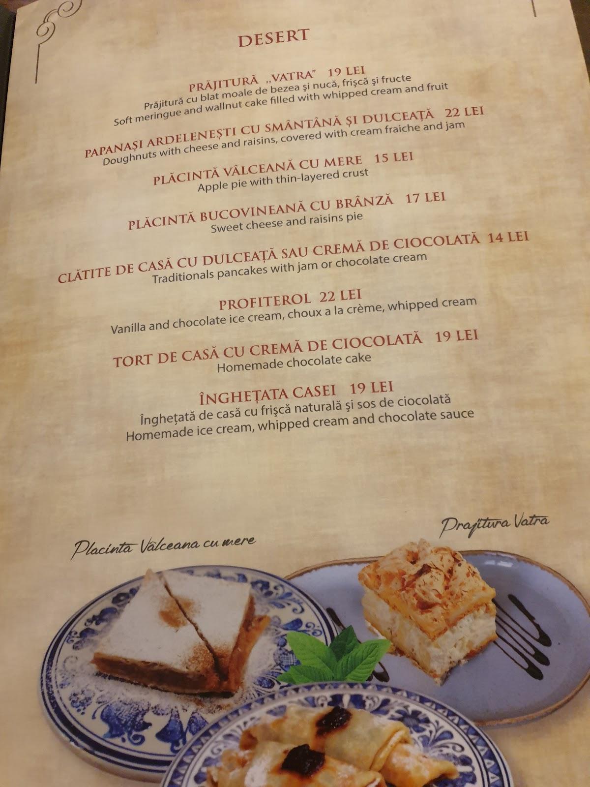 Menu at Vatra, Bucharest, Strada Ion Brezoianu 19