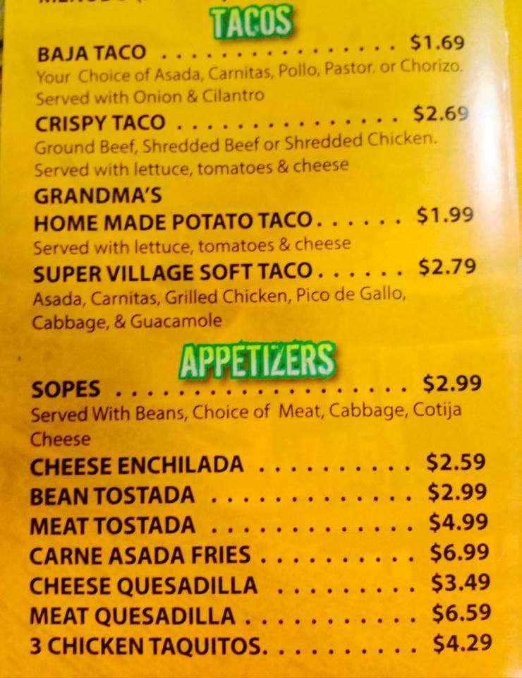 Menu at Baja Taco Village Mexican Grill restaurant, Yucaipa, Oak Glen Rd