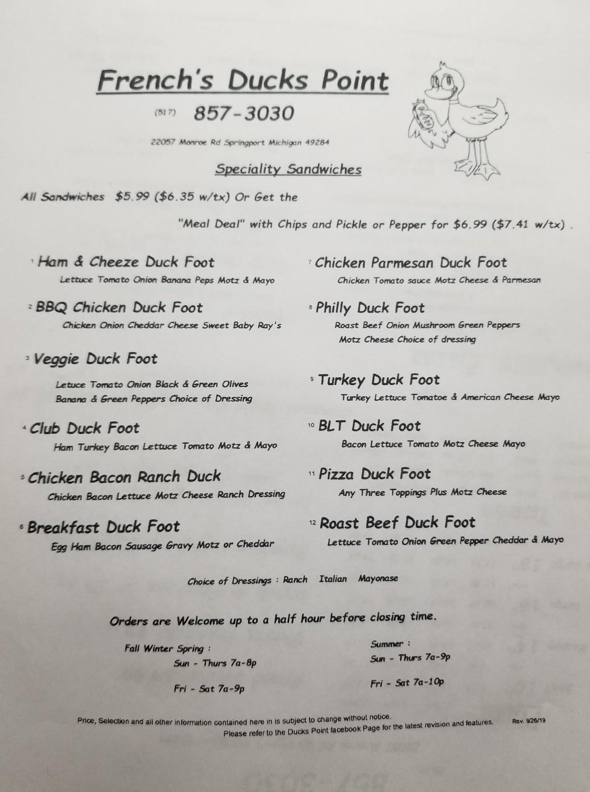 Menu at Duck's Point pizzeria, USA