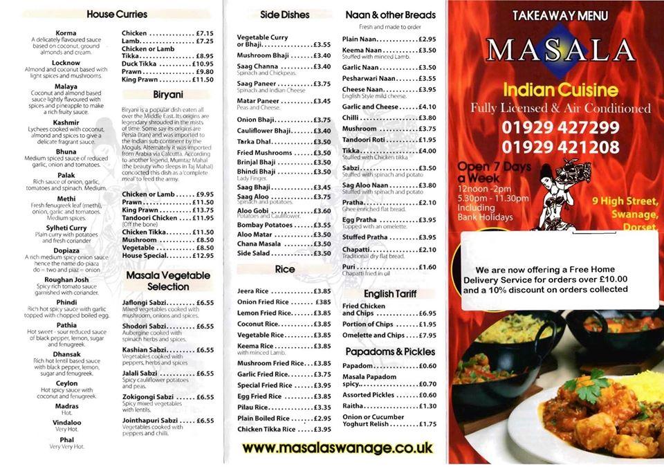 Menu at Masala Swanage restaurant, Swanage