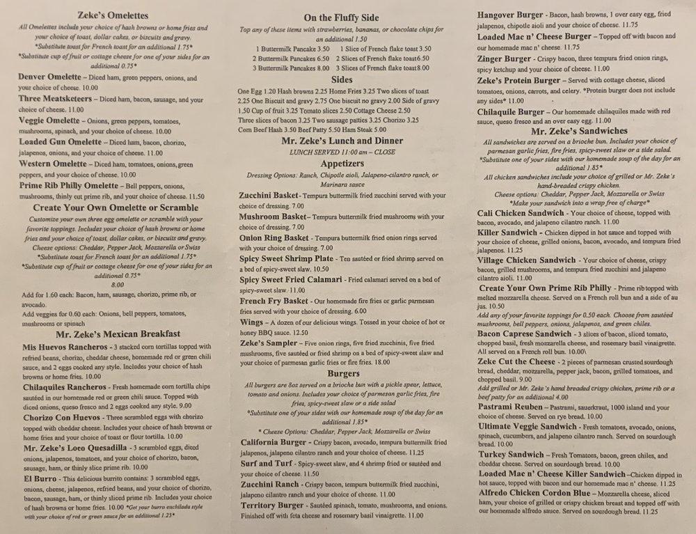 Menu at Mr. Zeke’s Restaurant, Pinetop-Lakeside