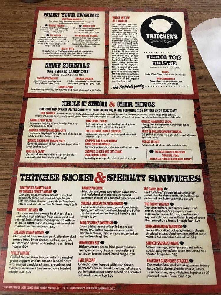Menu at Thatcher's BBQ, Calhoun
