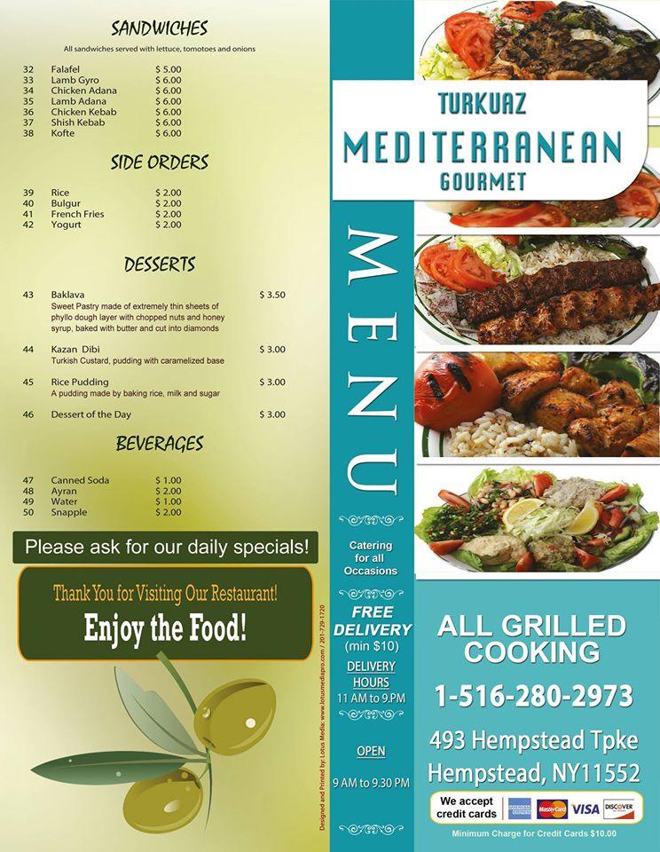 Menu at Turkuaz Mediterranean Gourmet restaurant, West Hempstead