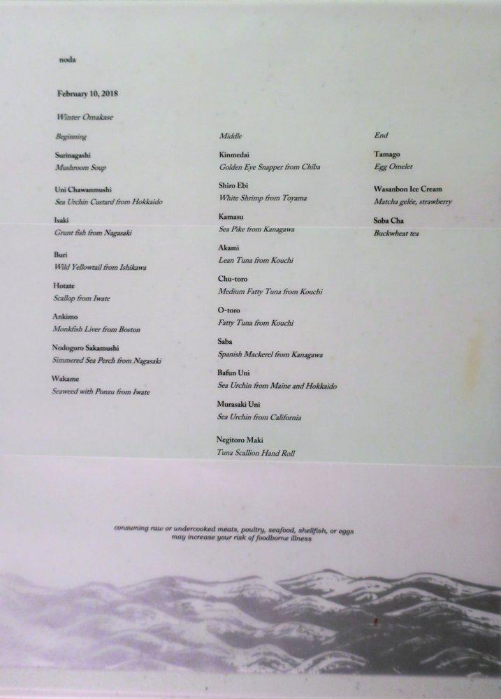 Menu at noda restaurant, New York City