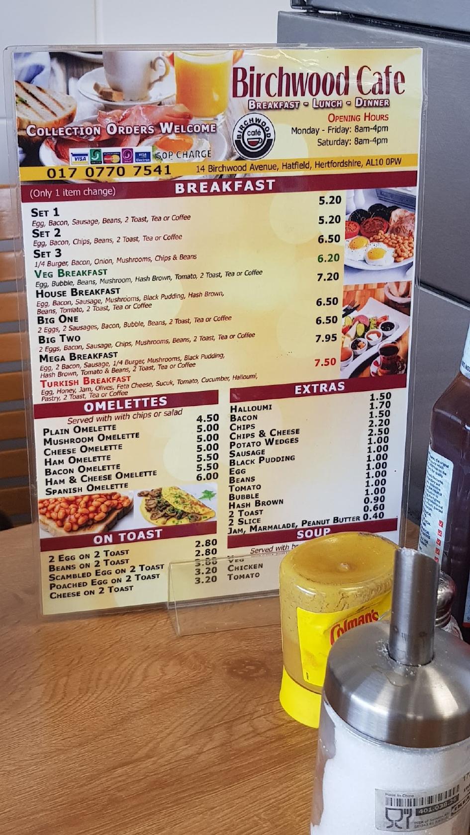 Menu at Birchwood Cafe, Hatfield