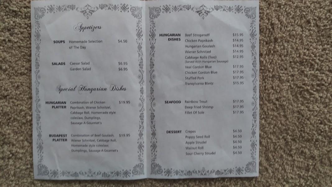Menu at Budapest Restaurant, London, 348 Dundas St