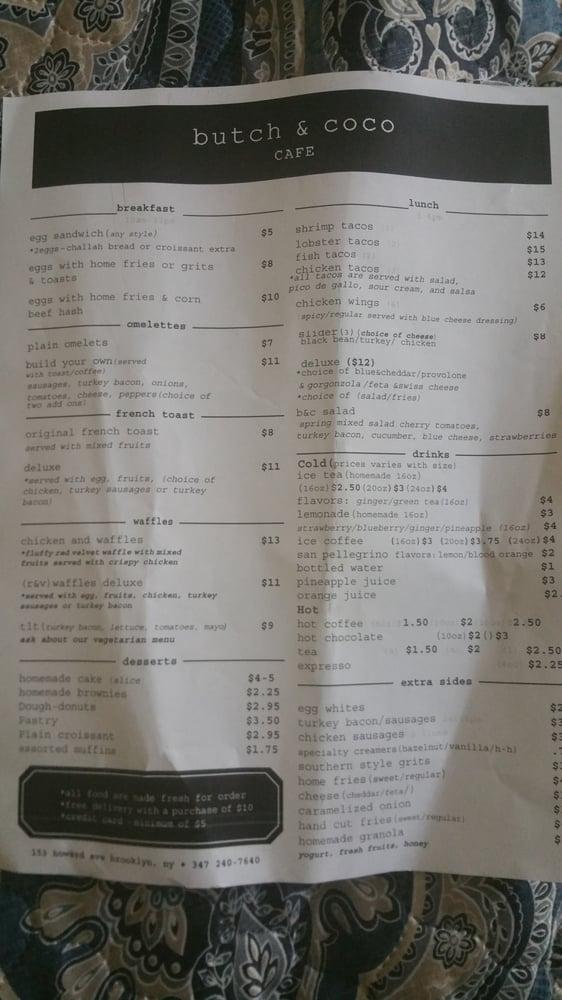 Menu at Butch & Coco cafe, New York City, 153 Howard Ave