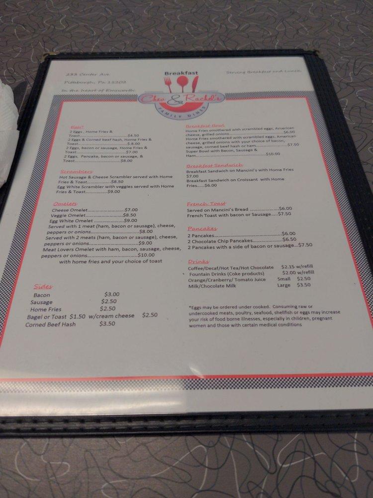 Menu at Chev & Rachel's Family Diner restaurant, Emsworth