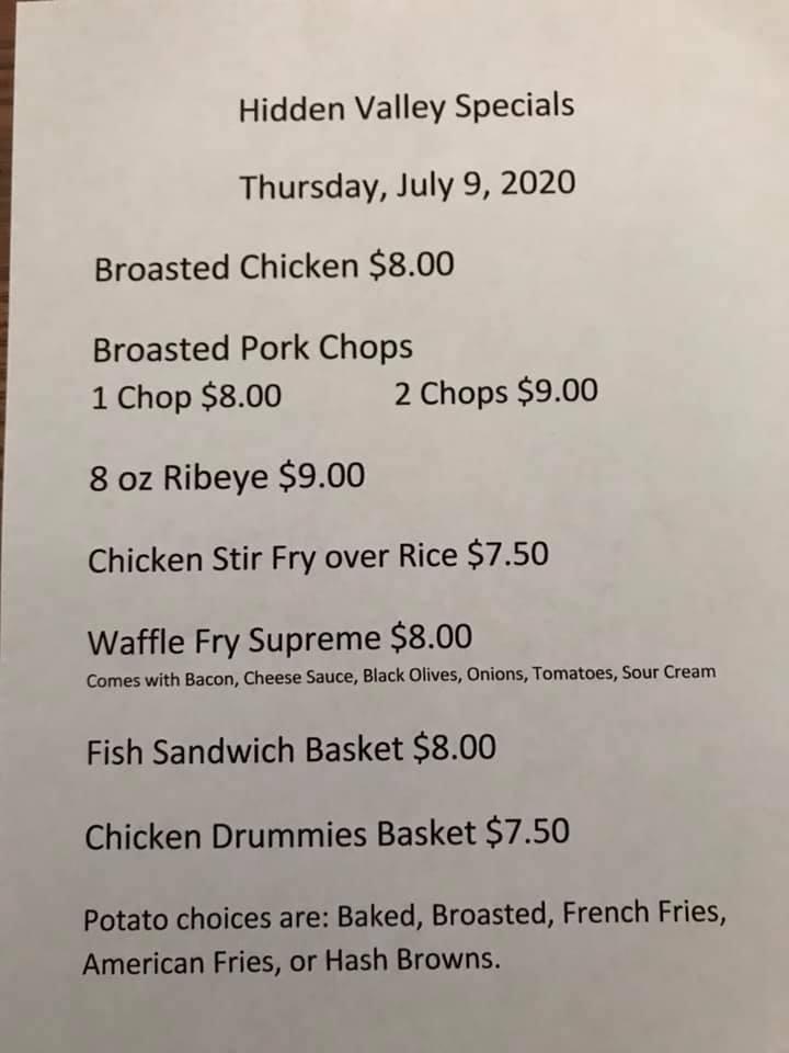 Menu at Hidden Valley Supper Club, USA