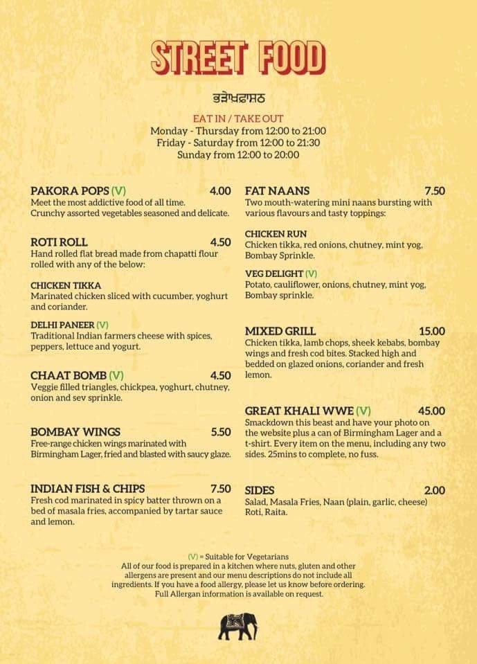 Menu at Indian Brewery restaurant, Birmingham