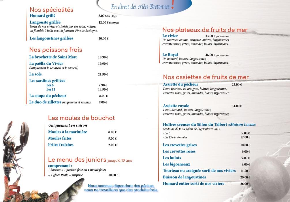 Menu at Les Viviers de St Marc restaurant, Tréveneuc, 14 Rue de Saint-Marc
