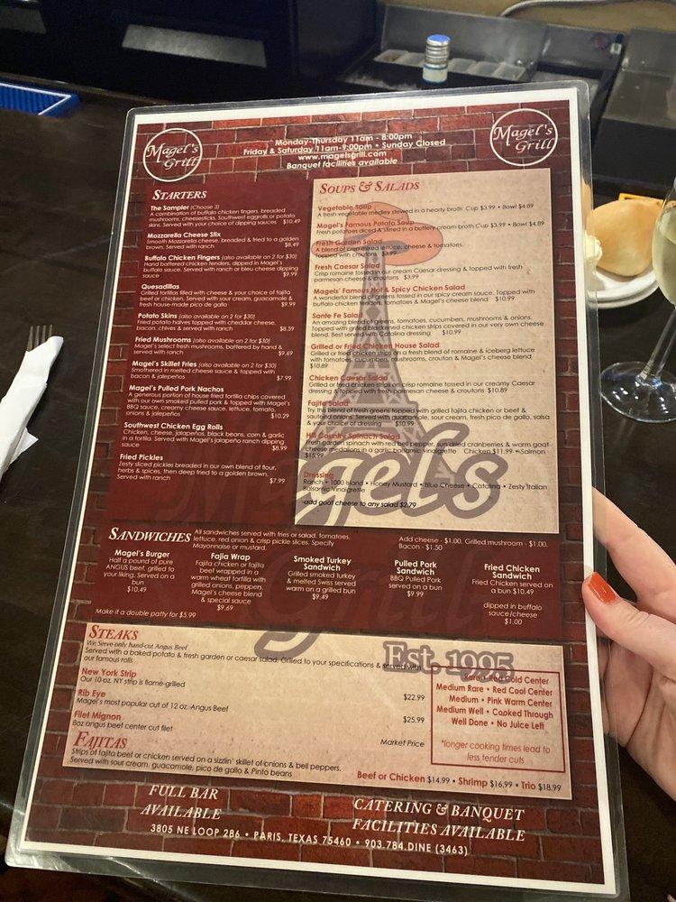 Menu at Magel's Grill steakhouse, Paris