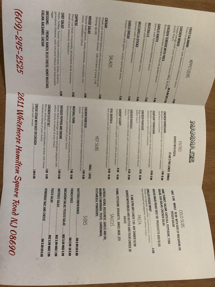 Menu at Mamma Giacomina's restaurant, Hamilton Township
