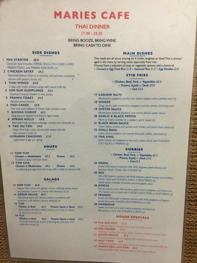 Menu at Maries Cafe, London