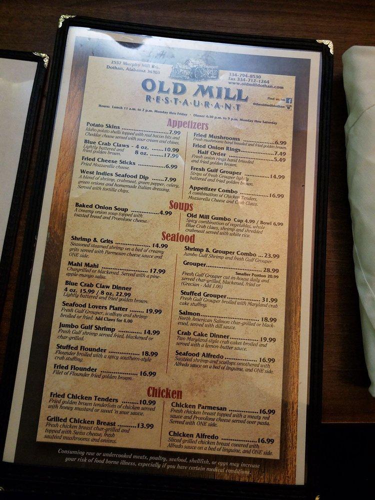 Menu at The Old Mill steakhouse, Dothan