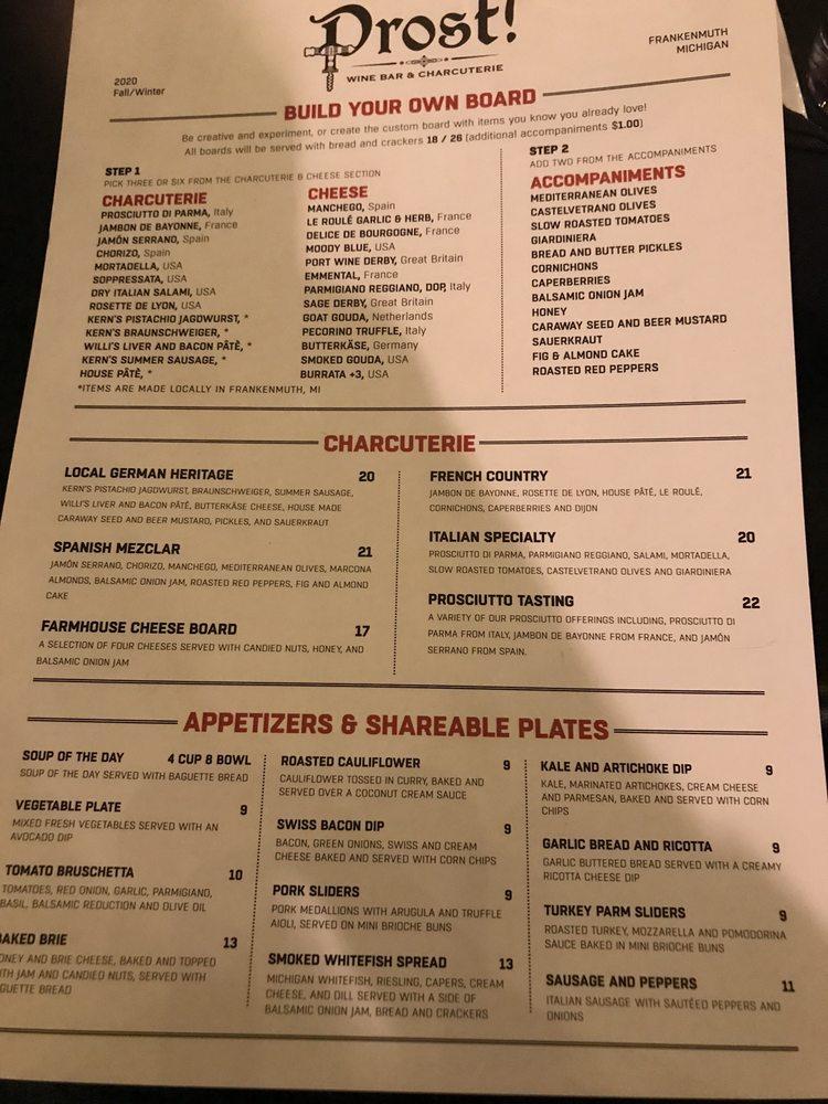 Menu at Prost Wine Bar & Charcuterie, Frankenmuth
