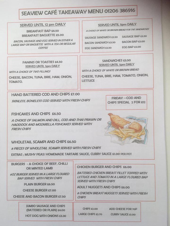 Menu at Seaview Beach Diner restaurant, West Mersea, Seaview Ave