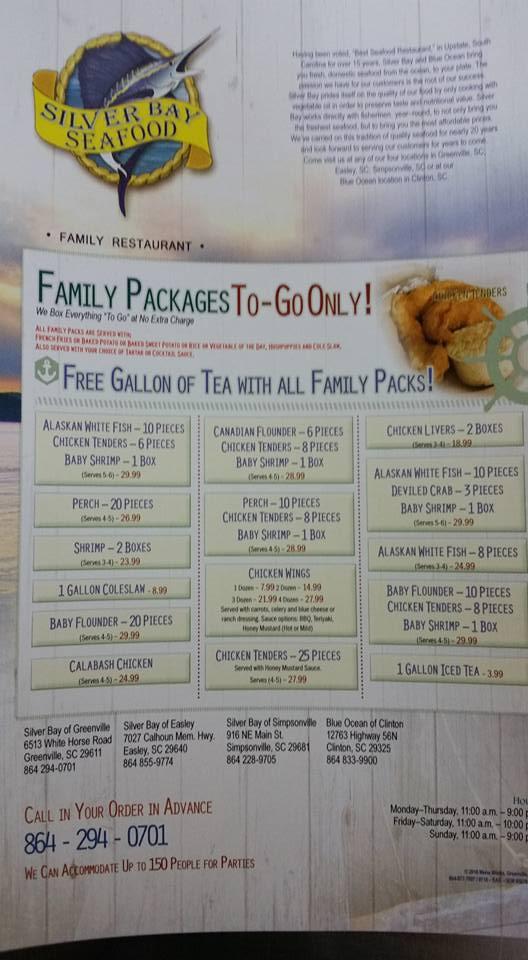 Menu at Silver Bay Seafood Restaurant, Greenville, White Horse Rd