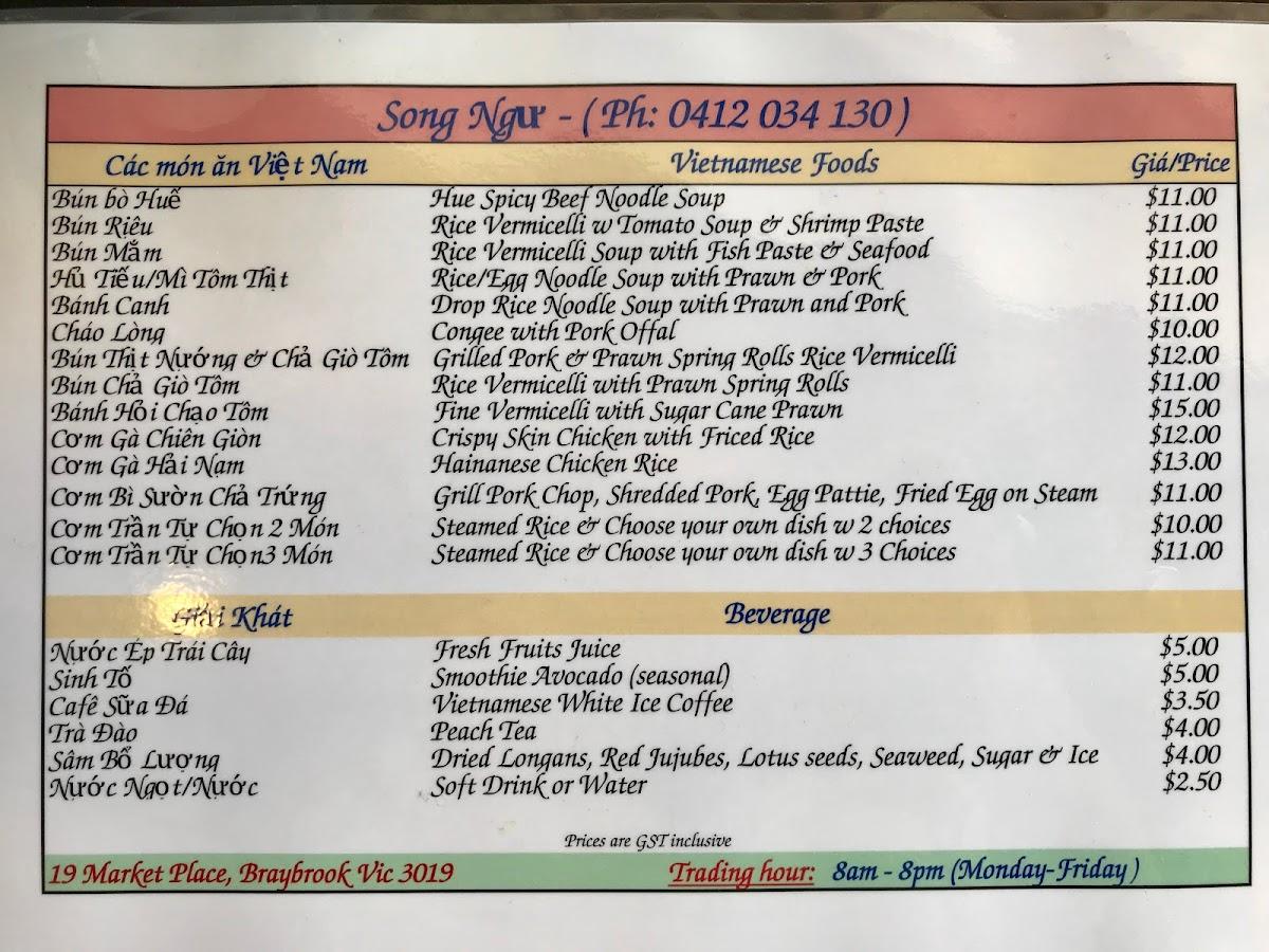 Menu at Song Ngu Takeaway restaurant, Braybrook