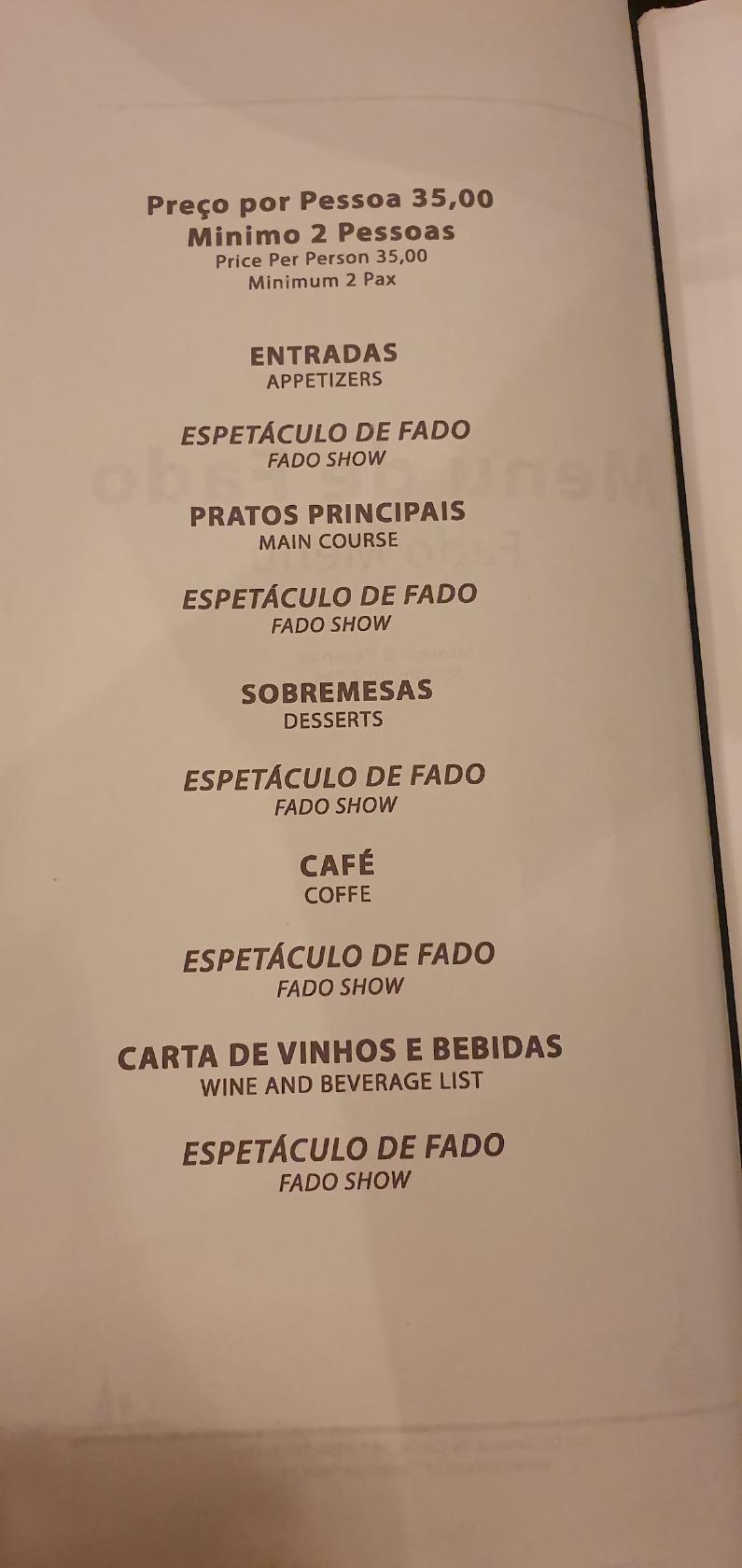 Menu at Taberna Real do Fado restaurant, Porto